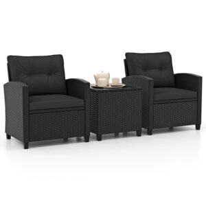 RELAX4LIFE 3-Piece Patio Furniture Set - Wicker Rattan Bistro Sofa Set w/Glass Top Coffee Table, Washable Cushions for Porch Balcony Backyard Poolside, Outdoor Furniture Conversation Set (Black)