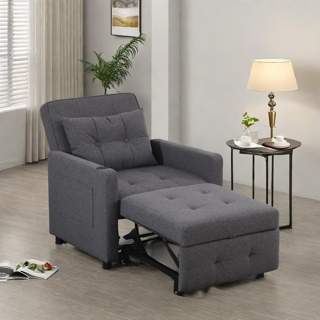 ChicFurnit Sleeper Chair, 3-in-1 Convertible Chair Bed with USB Ports, Pull Out Couch with Side Pocket, Adjustable Single Armchair Sofa Bed for Living Room, Apartments & Studios, Linen Grey