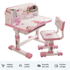 mufojyez Kids Desk and Chair Set, Height Adjustable Kids Study Desk with Cartoon Pattern, Children School Study Desk with Storage Drawer for Boys Girls, Ergonomic Desk Chair with Large Writing Board,