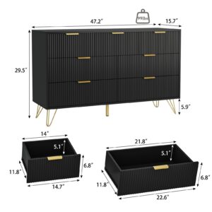 LYNSOM Black Dresser with 7 Drawer, Fluted Wood Dresser with Gold Handle, Modern Closet Dressers Chest of Drawers for Living Room, Hallway and Office