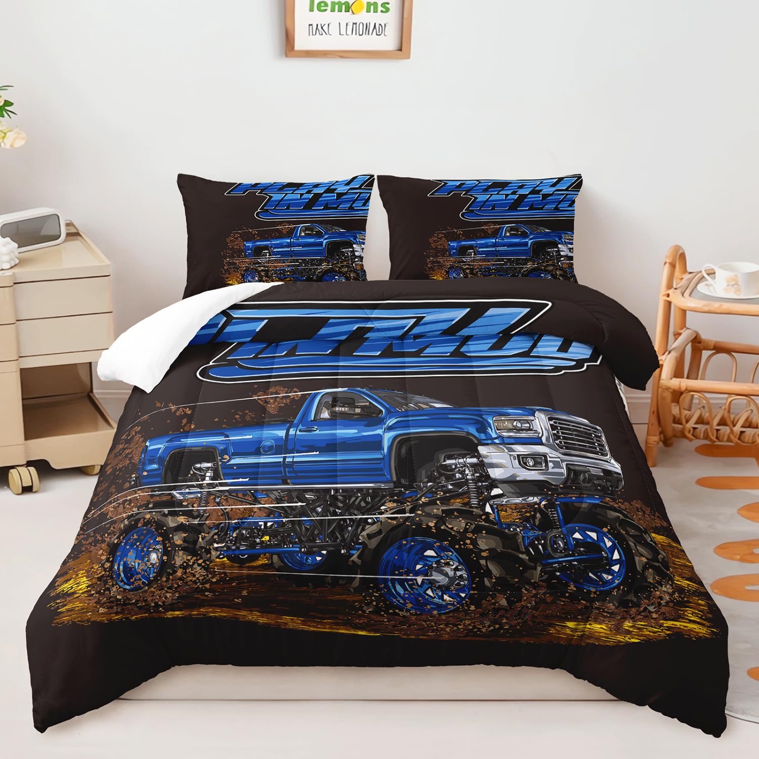 AILONEN 3D Truck Printed Kids Twin Comforter Set,Monster Truck Bedding Set for Boys Men,Blue Giant Truck Comforter with 2 Pillowcases,3-Piece Breathable