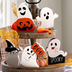 5 pcs halloween wooden decor cute ghost halloween tiered tray decorations set mini ghost kit pumpkin blocks for indoor, desk, fireplace, kitchen, shelf display, table