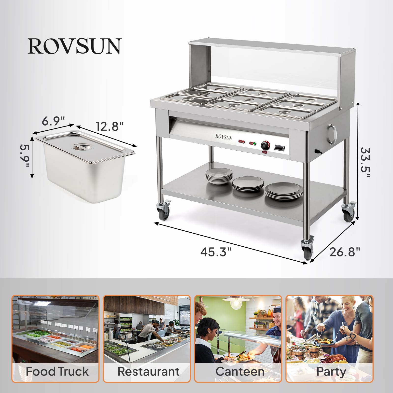 ROVSUN 72QT Steam Table, 9-Pan Electric Commercial Food Warmer Stainless Steel Bain Marie w/Acrylic Shield Overshelf Undershelf Temperature Control & Lid for Party Restaurant 8QT/Pan 1500W 110V