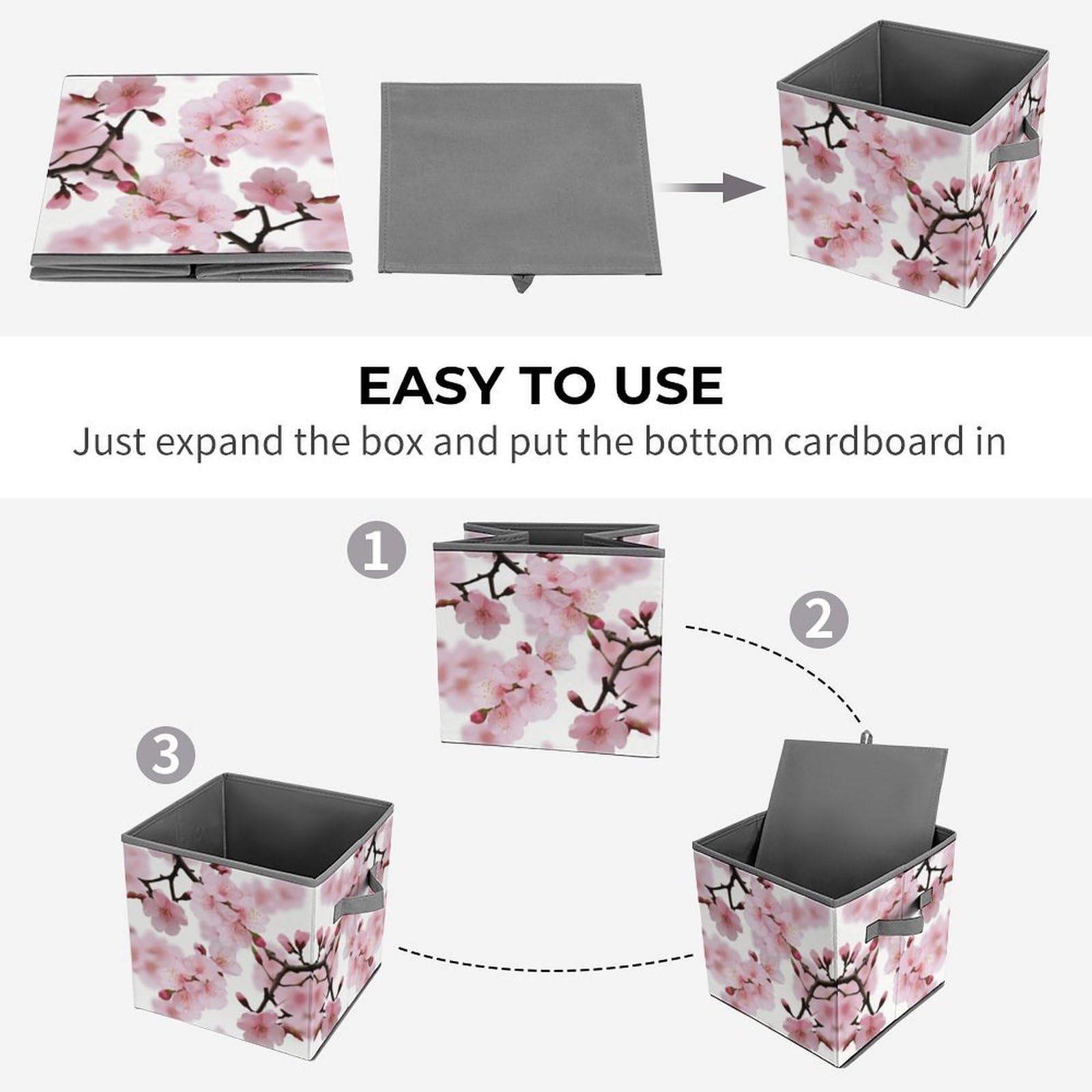 Cherry Japanese Cherry Blossom Printing Storage Basket Folding Storage Bins Fabric Cube Organizer With Handle For Closet Utility Room