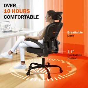 Ergonomic Office Chair Big and Tall, 350LBS Capacity, 6'5" Tall Max, Home High Back Desk Chair for Long Hours Comfortable, Adjustable Lumbar Support and Headrest, Flip-up Arm and PU Wheels, Black