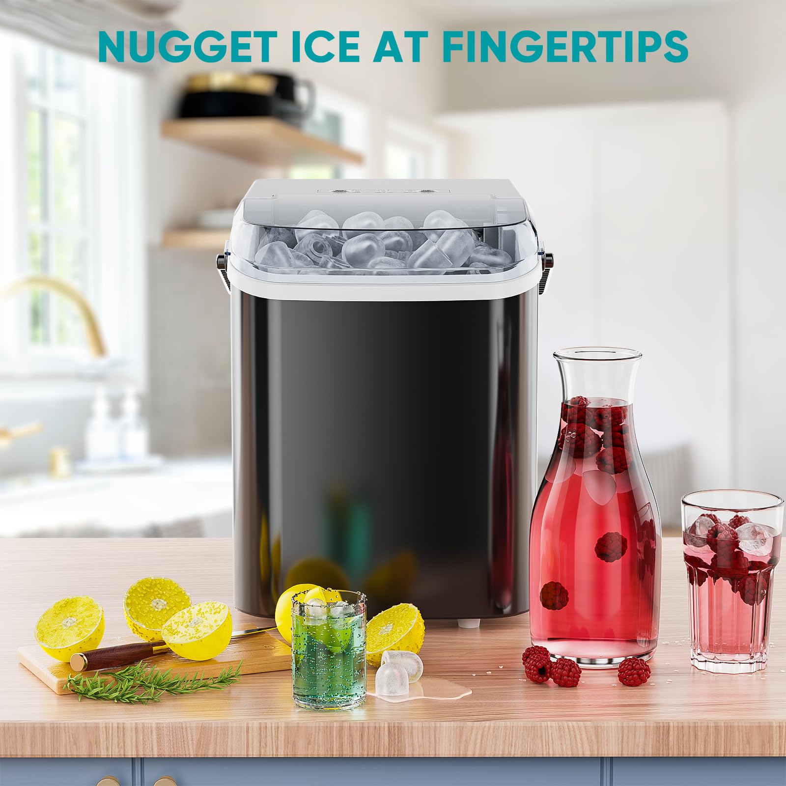 Ice Maker, Portable Countertop Icemaker Machine, Self Cleaning Quiet 2 Sizes Bullet Cubes Makers, 9 Cubes in 6 Mins, 26.5lbs/24Hrs with Ice Scoop, Basket and Handle for Home Kitchen Party