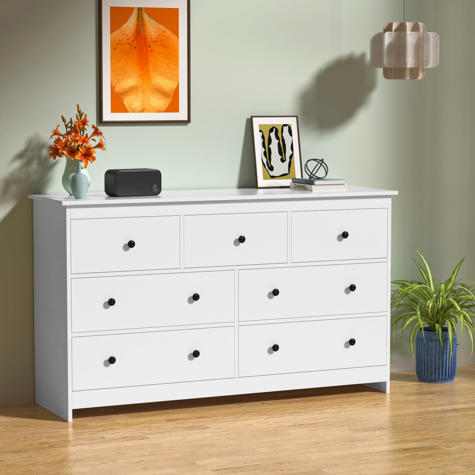 CARPETNAL White Dresser for Bedroom, 7 Drawer Dresser with Wide Drawer and Metal Handles, Woode Dressers & Chests of Drawers for Hallway, Entryway.