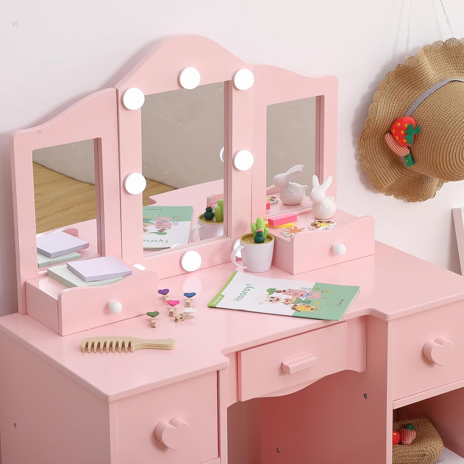 GarveeHome Kids Vanity with Lights,2 in 1 Wooden Princess Makeup Desk Dressing Table,Girls Vanity Table with Mirror, Light,Stool & Drawer,Toddler Vanity,Pretend Play Vanity Set for Little Girls