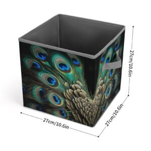 Peacock Feather Printing Storage Basket Folding Storage Bins Fabric Cube Organizer With Handle For Closet Utility Room