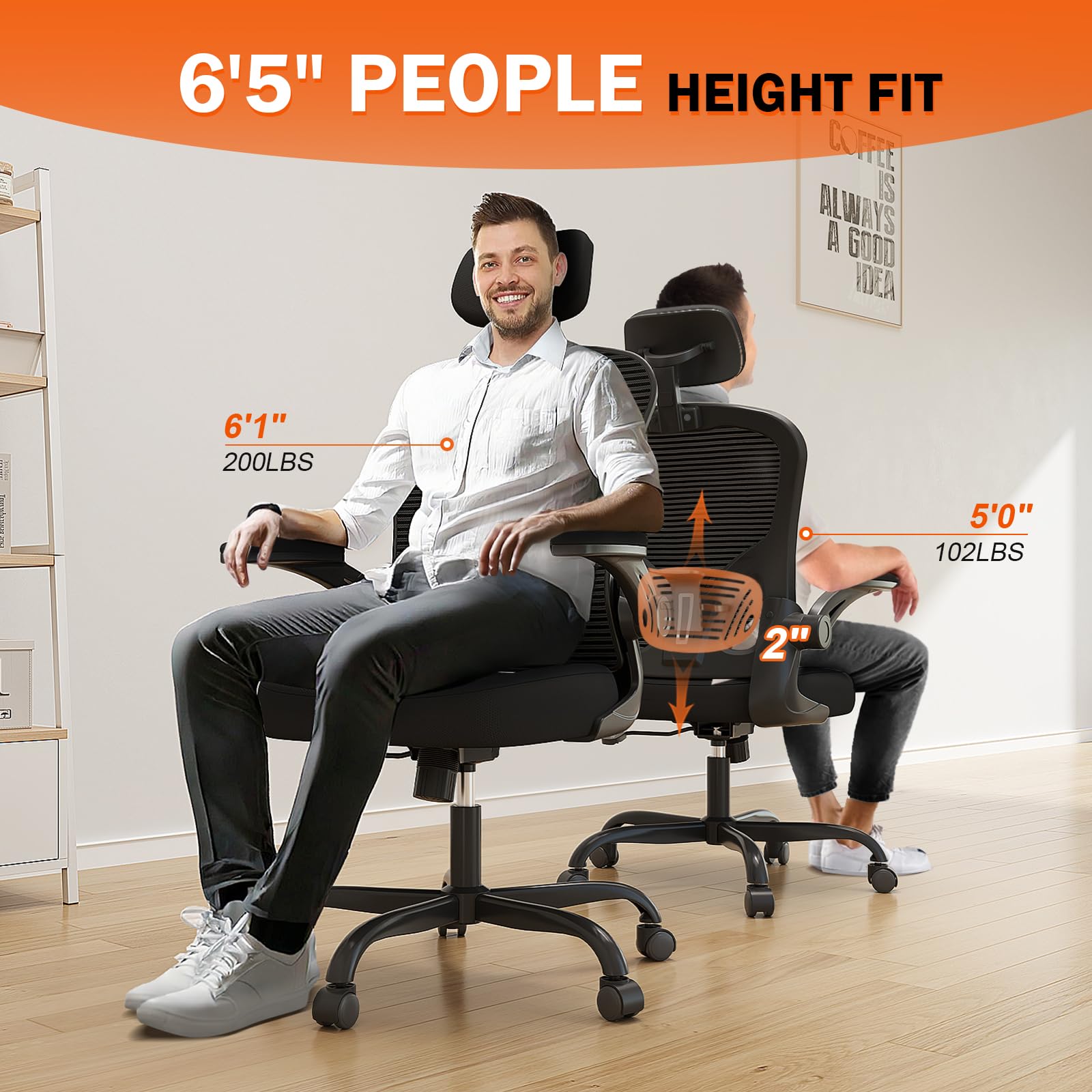 Ergonomic Office Chair Big and Tall, 350LBS Capacity, 6'5" Tall Max, Home High Back Desk Chair for Long Hours Comfortable, Adjustable Lumbar Support and Headrest, Flip-up Arm and PU Wheels, Black