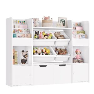 finetones 50'' Large Toy Storage Organizer with 4 Toy Bins, Toy Organizers and Storage with 6 Storage Cubbies and 2 Movable Drawers, Bookshelf for Kids, Playroom Organization and Storage Bins, White