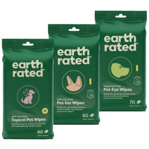 earth rated specialty wipes bundle - includes 70 fragrance-free pet eye wipes, 60 wild oat-scented pet ear wipes, and 60 wild oat-scented topical pet wipes