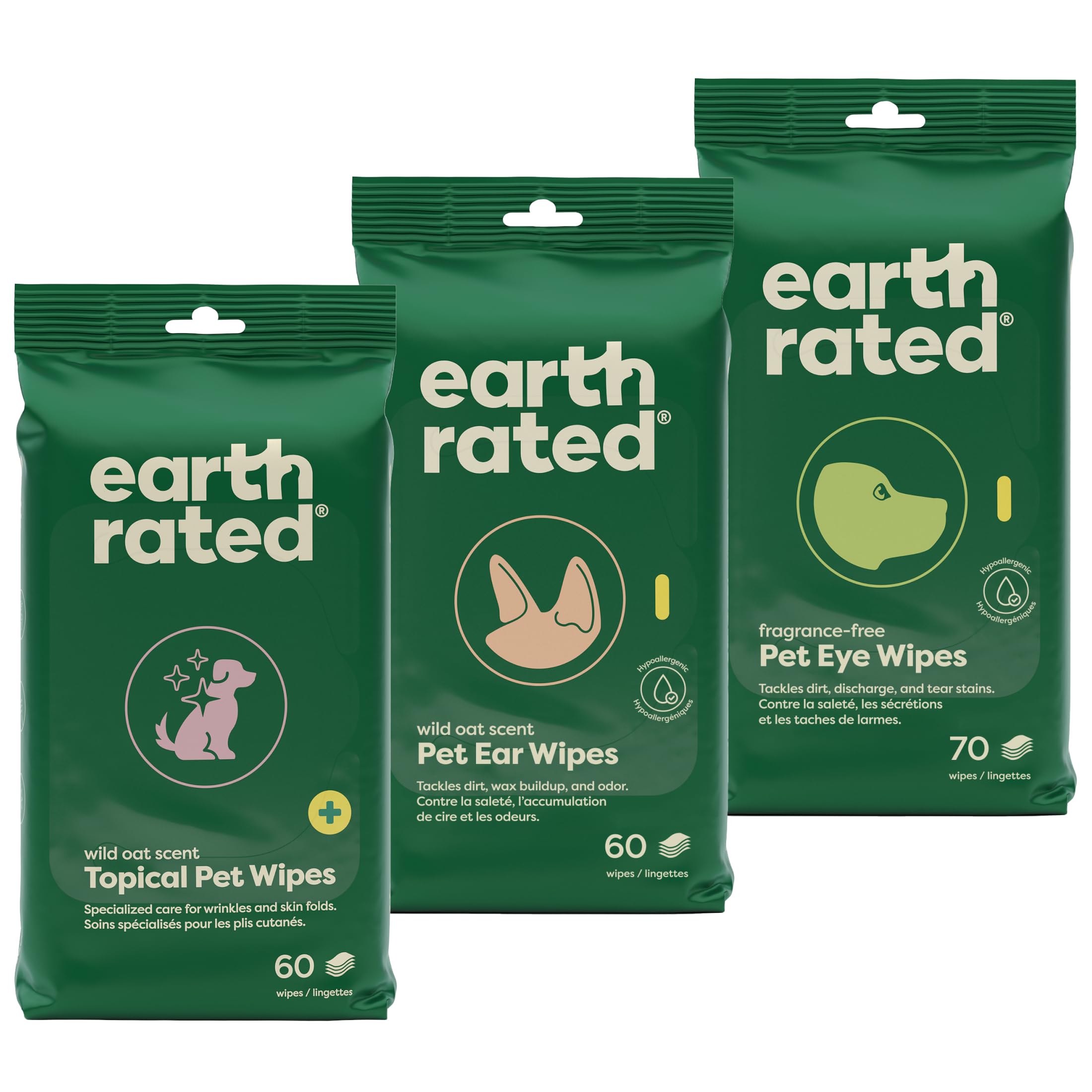 Earth Rated Specialty Wipes Bundle - Includes 70 Fragrance-Free Pet Eye Wipes, 60 Wild Oat-Scented Pet Ear Wipes, and 60 Wild Oat-Scented Topical Pet Wipes