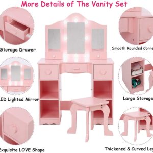 GarveeHome Kids Vanity with Lights,2 in 1 Wooden Princess Makeup Desk Dressing Table,Girls Vanity Table with Mirror, Light,Stool & Drawer,Toddler Vanity,Pretend Play Vanity Set for Little Girls