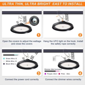 480V UFO LED High Bay Light 150W 120W 100W Adjustable, 5000K Daylight High Bay LED Shop Lights (500W MH/HPS Equiv.), 0-10V Dimmable Commercial Bay Lighting for Warehouse Factory, IP65 AC 277-480V