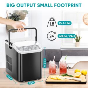 Ice Maker, Portable Countertop Icemaker Machine, Self Cleaning Quiet 2 Sizes Bullet Cubes Makers, 9 Cubes in 6 Mins, 26.5lbs/24Hrs with Ice Scoop, Basket and Handle for Home Kitchen Party