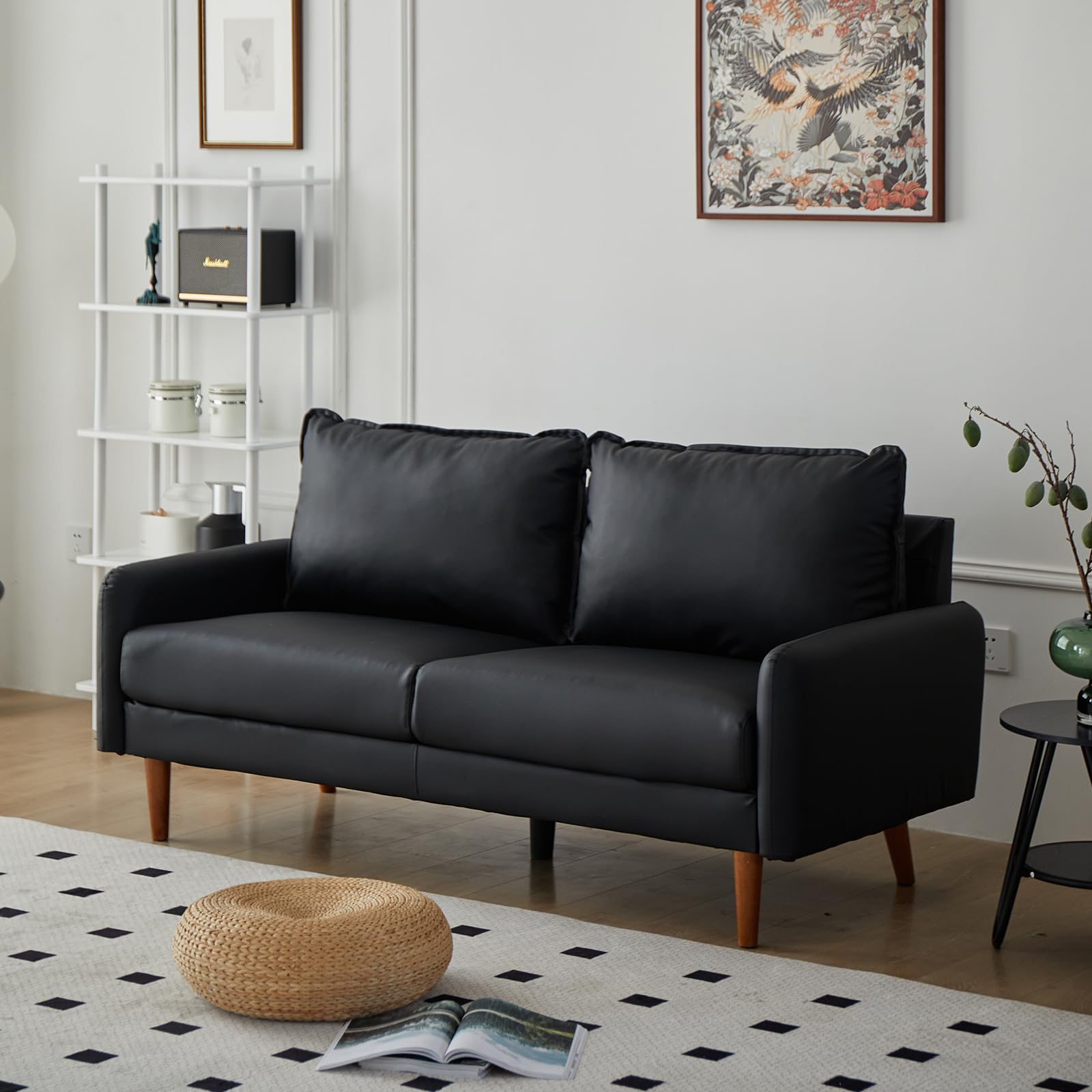 INSTORY Modern Sofa Leather Couch with Wooden Legs for Living Room,Office - Black