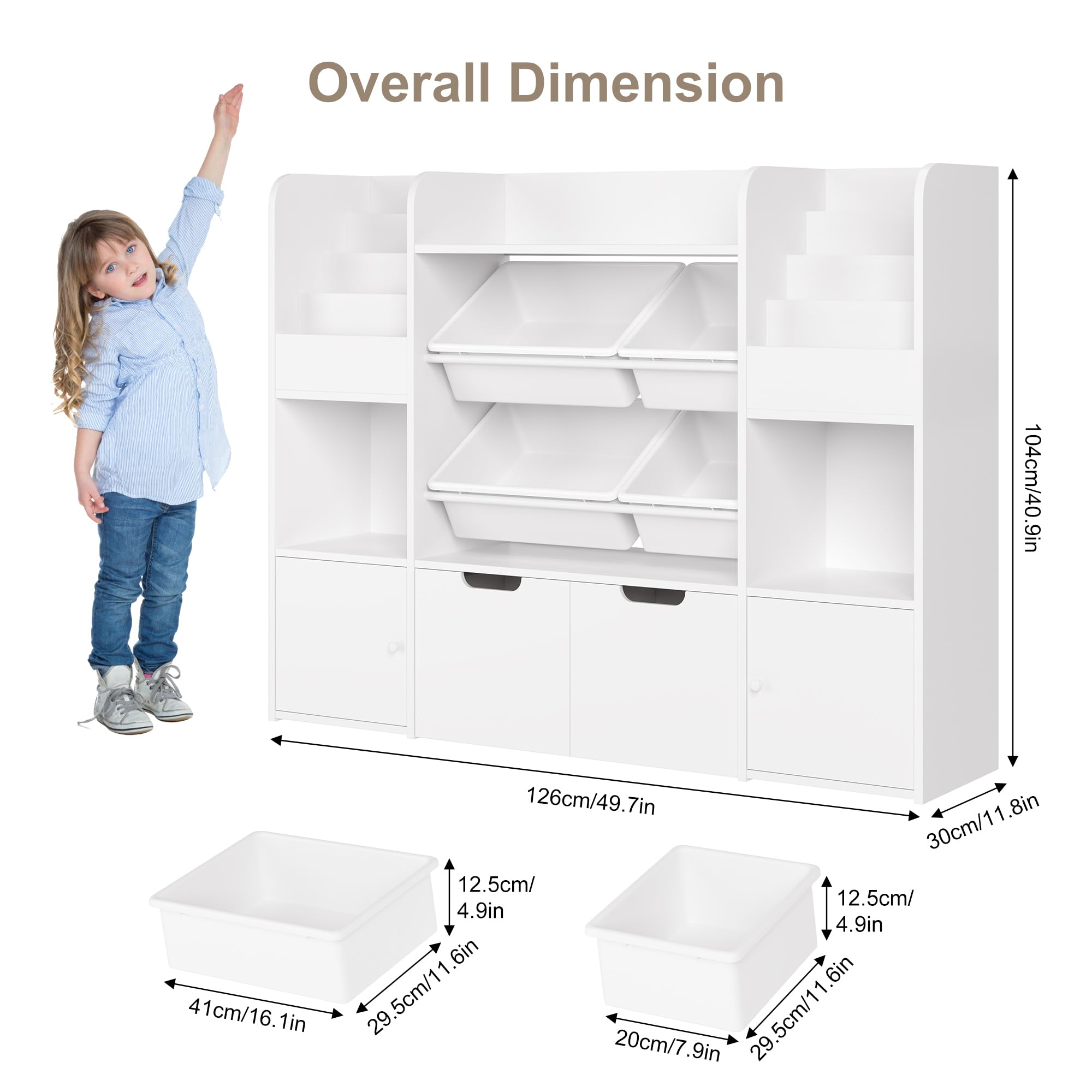 finetones 50'' Large Toy Storage Organizer with 4 Toy Bins, Toy Organizers and Storage with 6 Storage Cubbies and 2 Movable Drawers, Bookshelf for Kids, Playroom Organization and Storage Bins, White