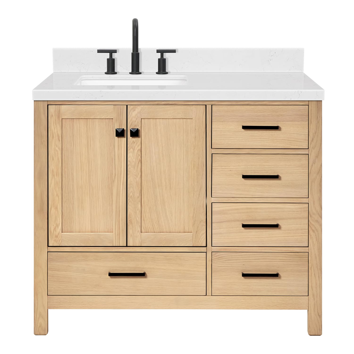 ARIEL Cambridge 42 Inch Oak Bathroom Vanity with Sink, Carrara White Quartz Countertop 1.5 inch Edge and backsplash, Soft Closing Door and Drawer, Matte Black