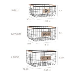 RGI Home Dog Toy Storage Baskets – Set of 3 Rectangular Metal Organizer Bins for Pet and Household Storage, Multi-Sized with Wood Accents, Durable and Rustic, Antique Gray Metal