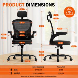 Ergonomic Office Chair Big and Tall, 350LBS Capacity, 6'5" Tall Max, Home High Back Desk Chair for Long Hours Comfortable, Adjustable Lumbar Support and Headrest, Flip-up Arm and PU Wheels, Black