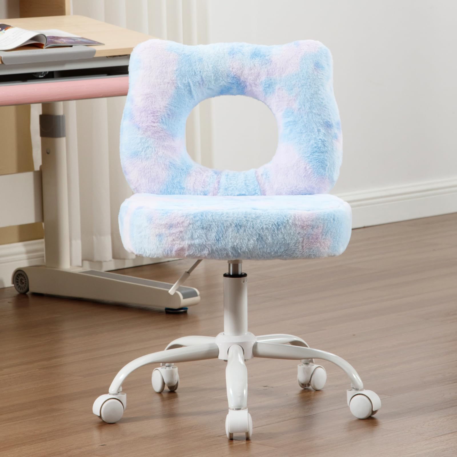 LukeAlon Adjustable Kids Desk Chair with Wheels & Bear Shaped Back, Faux Fur Swivel Rolling Chair for Bedroom Reading Living Room, Cute Computer Office Chairs for Teen Children Gift, Dreamy Blue