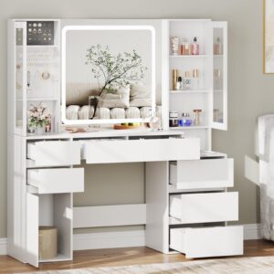 makeup vanity desk with mirror and lights, white makeup vanity table with 7 drawers and 3 cabinets, makeup desk with charging station, dressing table for bedroom