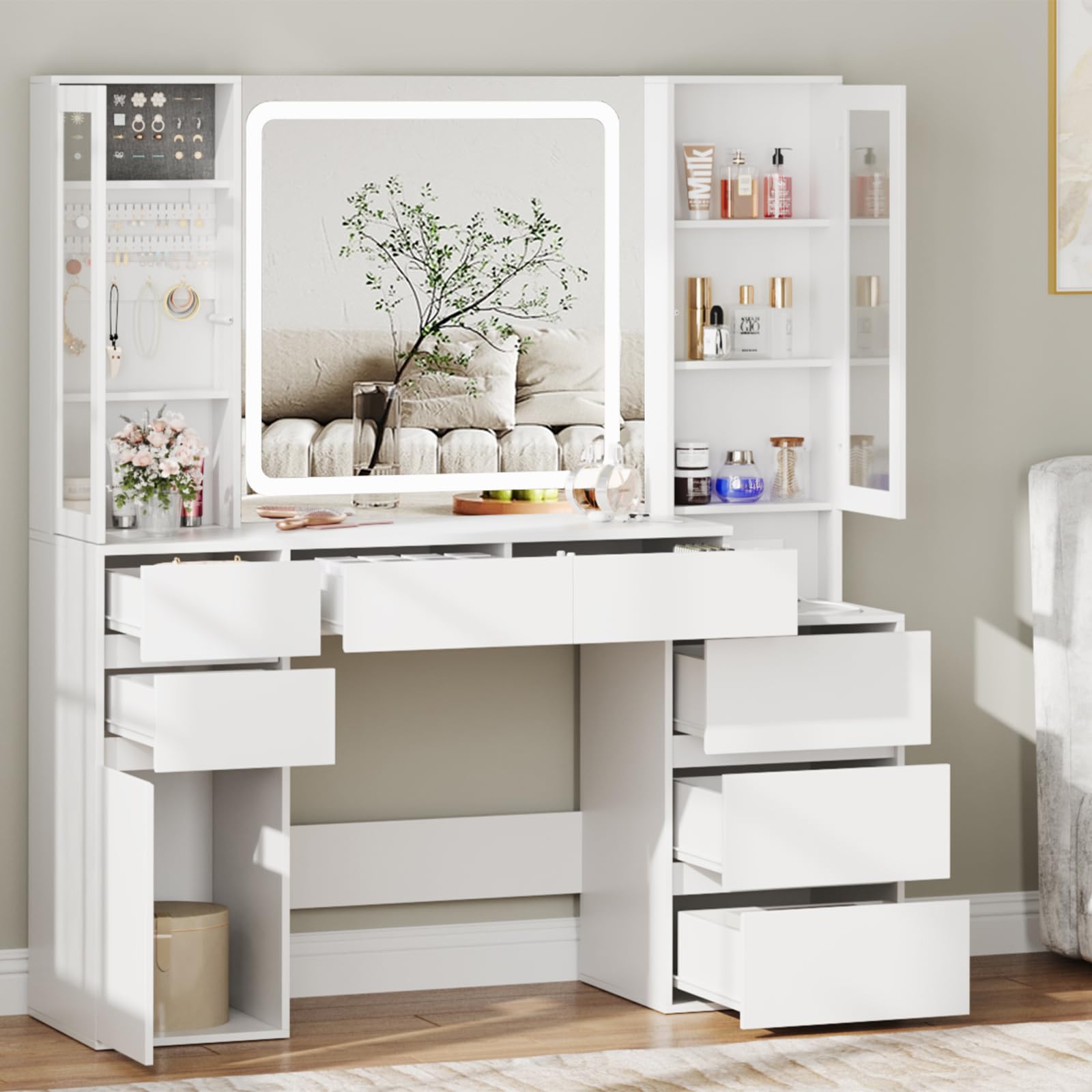 Makeup Vanity Desk with Mirror and Lights, White Makeup Vanity Table with 7 Drawers and 3 Cabinets, Makeup Desk with Charging Station, Dressing Table for Bedroom