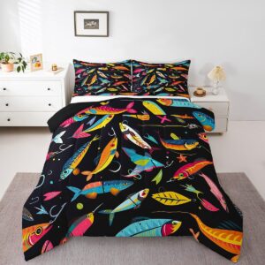 jejeloiu kids fish comforter set ocean fish bedding set twin size for boys girls teens bedroom decor fishing and hunting fish hook fishing theme comforter colorful duvet set with 1 pillow case