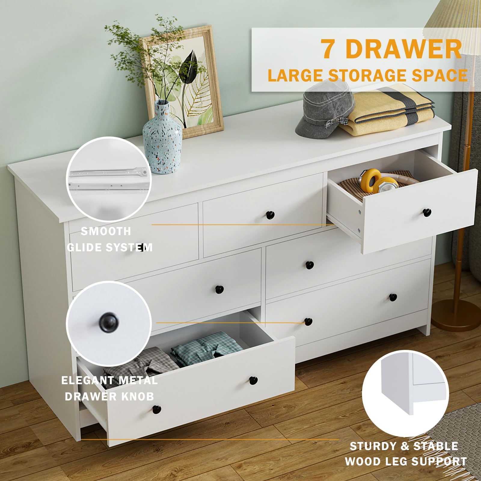 CARPETNAL White Dresser for Bedroom, 7 Drawer Dresser with Wide Drawer and Metal Handles, Woode Dressers & Chests of Drawers for Hallway, Entryway.