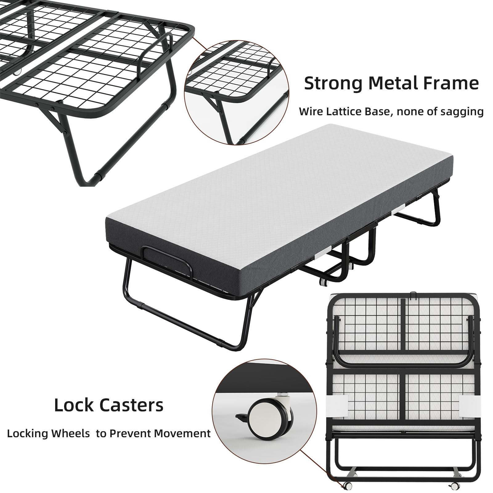 COTUBLR Folding Bed with Mattress Portable Foldable Guest Beds for Adults 75 x 31 Inch Twin Size Rollaway Day Bed with Premium 5 Inch Memory Foam and Swivel Wheels, Bed Cover Included