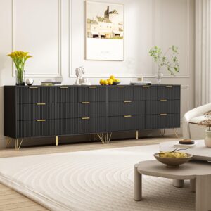 LYNSOM Black Dresser with 7 Drawer, Fluted Wood Dresser with Gold Handle, Modern Closet Dressers Chest of Drawers for Living Room, Hallway and Office