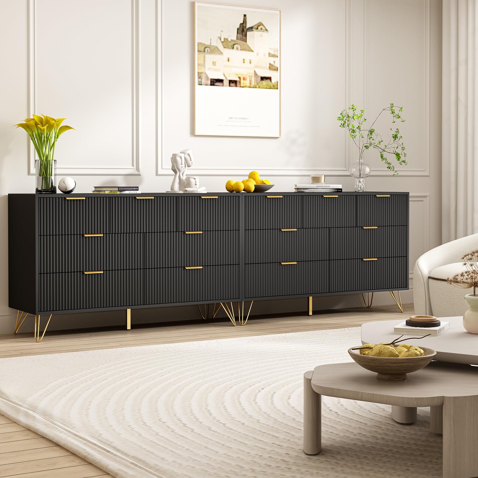 LYNSOM Black Dresser with 7 Drawer, Fluted Wood Dresser with Gold Handle, Modern Closet Dressers Chest of Drawers for Living Room, Hallway and Office