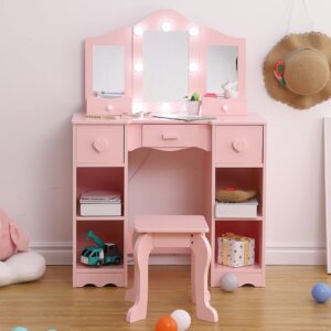 garveehome kids vanity with lights,2 in 1 wooden princess makeup desk dressing table,girls vanity table with mirror, light,stool & drawer,toddler vanity,pretend play vanity set for little girls