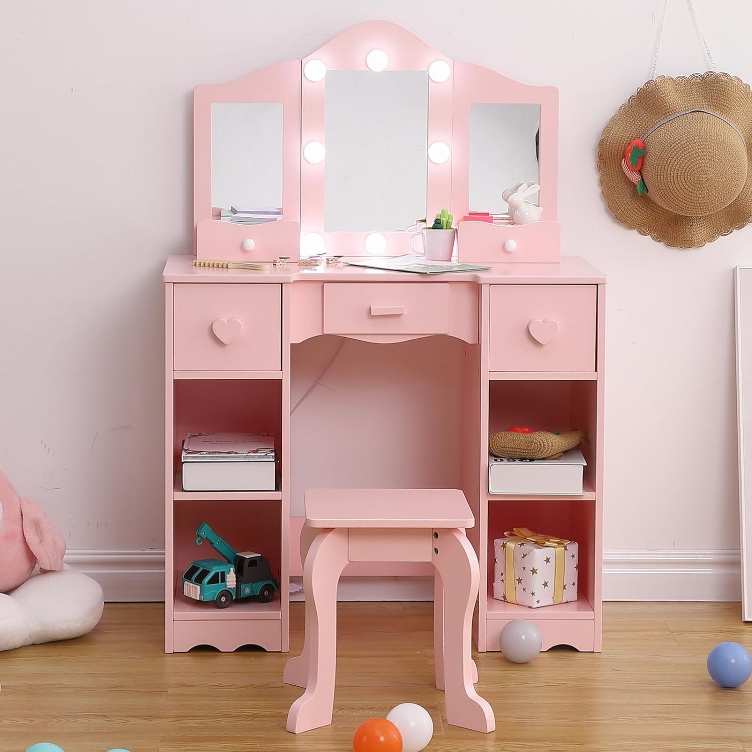 GarveeHome Kids Vanity with Lights,2 in 1 Wooden Princess Makeup Desk Dressing Table,Girls Vanity Table with Mirror, Light,Stool & Drawer,Toddler Vanity,Pretend Play Vanity Set for Little Girls