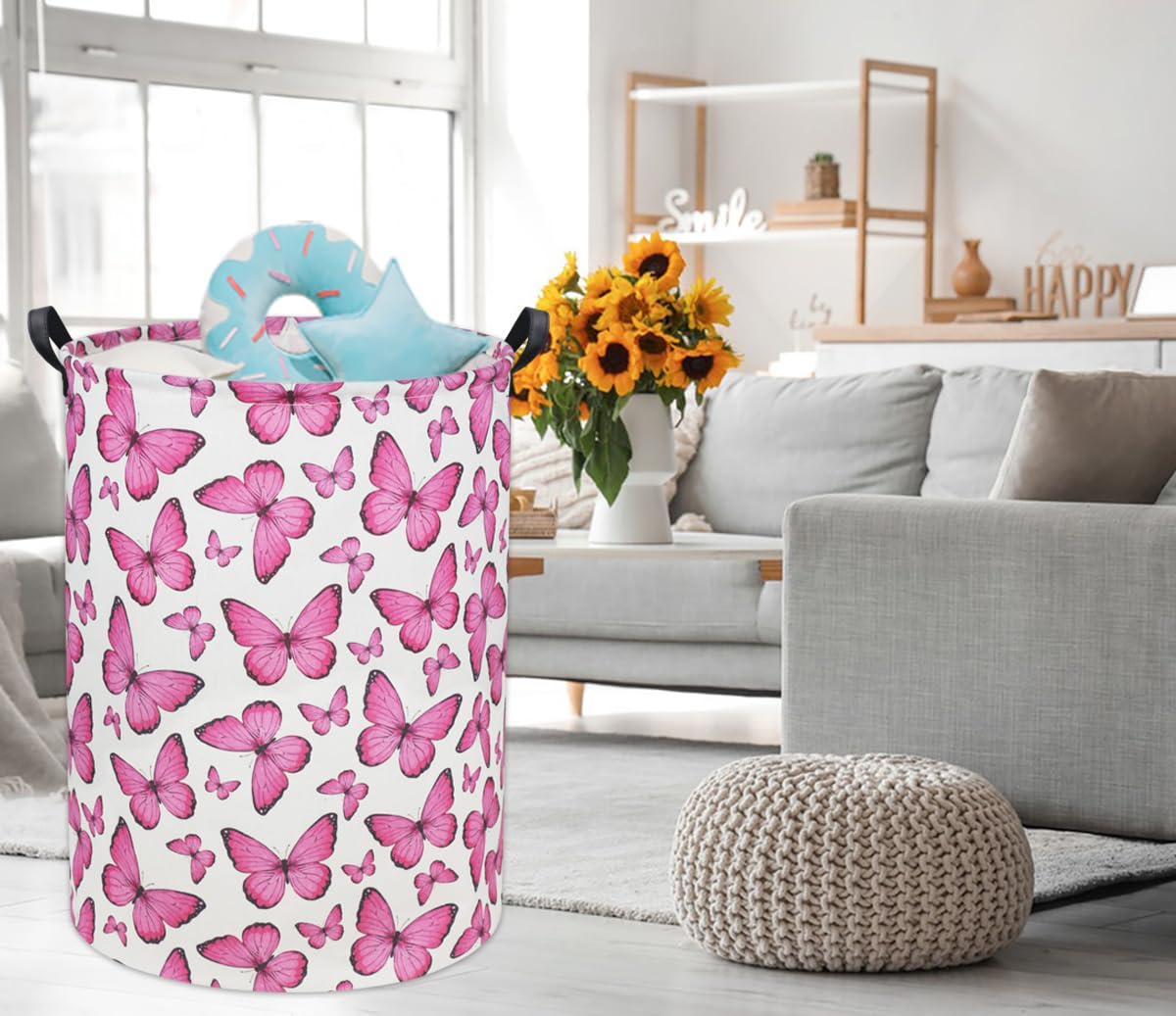 HIYAGON Butterfly Baby Laundry Basket Baby Hamper for Nursery Girl Kids Pink Hamper Cute Kids Toys Storage Bin Organizer Animal Room Decor for Home(Butterfly)