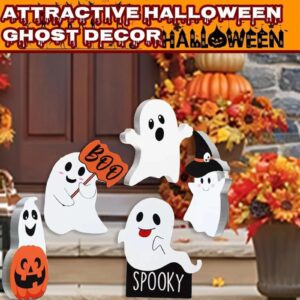 5 Pcs Halloween Wooden Decor Cute Ghost Halloween Tiered Tray Decorations Set Mini Ghost Kit Pumpkin Blocks for Indoor, Desk, Fireplace, Kitchen, Shelf Display, Table