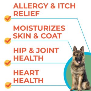 GOODGROWLIES Omega 3 Fish Oil for Dogs (360Ct+32oz) - Skin&Coat Chews - Dry&Itchy Skin Relief+Allergy Support - Shiny Coat - EPA&DHA Fatty Acids - Salmon Oil Chews Promotes Heart, Hip & Joint Support