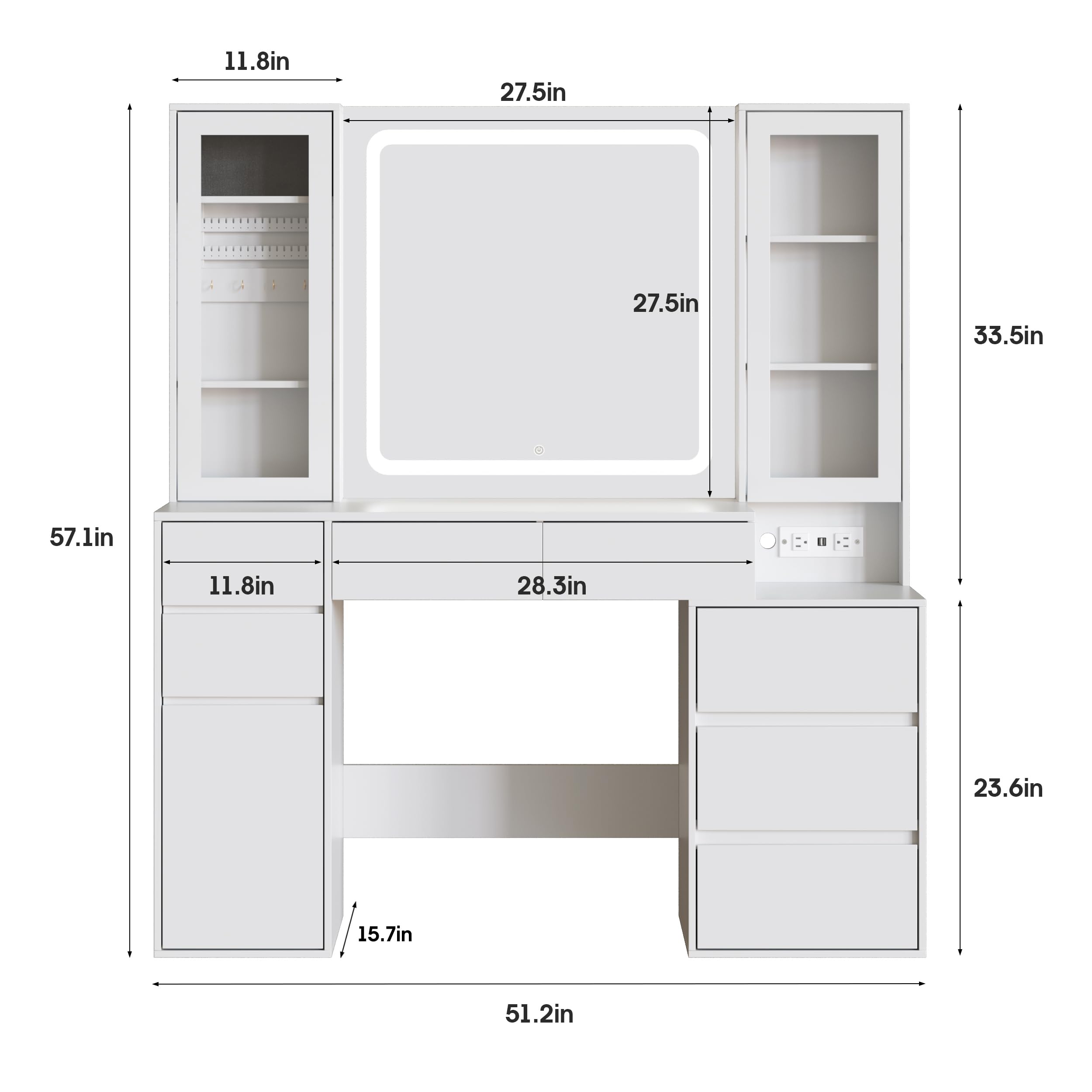 Makeup Vanity Desk with Mirror and Lights, White Makeup Vanity Table with 7 Drawers and 3 Cabinets, Makeup Desk with Charging Station, Dressing Table for Bedroom