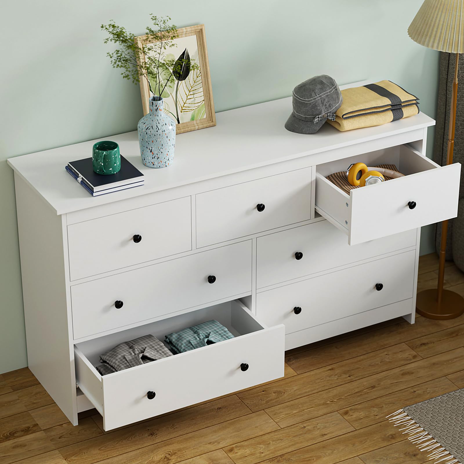 CARPETNAL White Dresser for Bedroom, 7 Drawer Dresser with Wide Drawer and Metal Handles, Woode Dressers & Chests of Drawers for Hallway, Entryway.