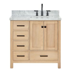 ariel cambridge 37 inch oak bathroom vanity with sink, italian carrara marble countertop 1.5 inch edge and backsplash, soft closing door and drawer, matte black