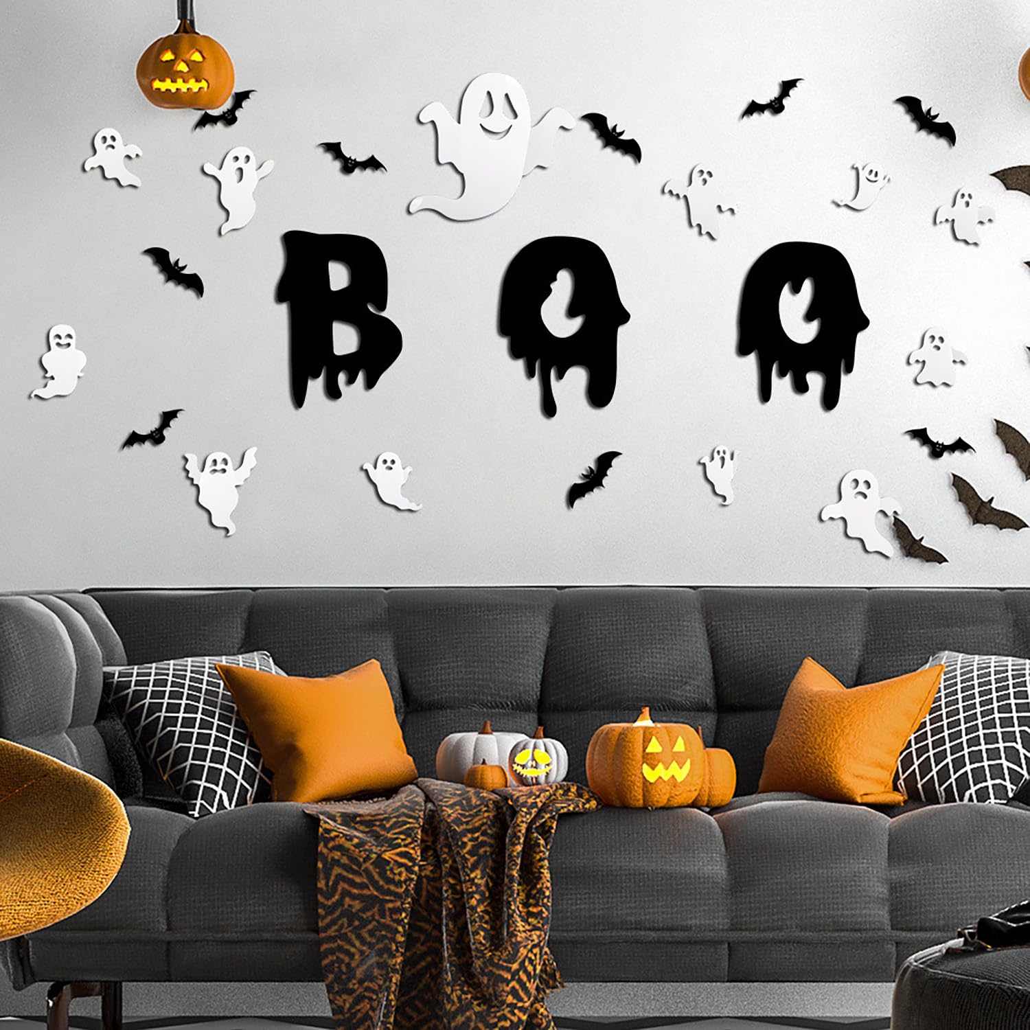 Halloween Ghost Wall Decor 25Pcs Cute Ghost Wall Stickers 3D Black Bat Wall Decoration Cute Halloween Decorations Reusable White Ghost Wall Decals for Home Office Indoor Outdoor Kitchen Party Supplies