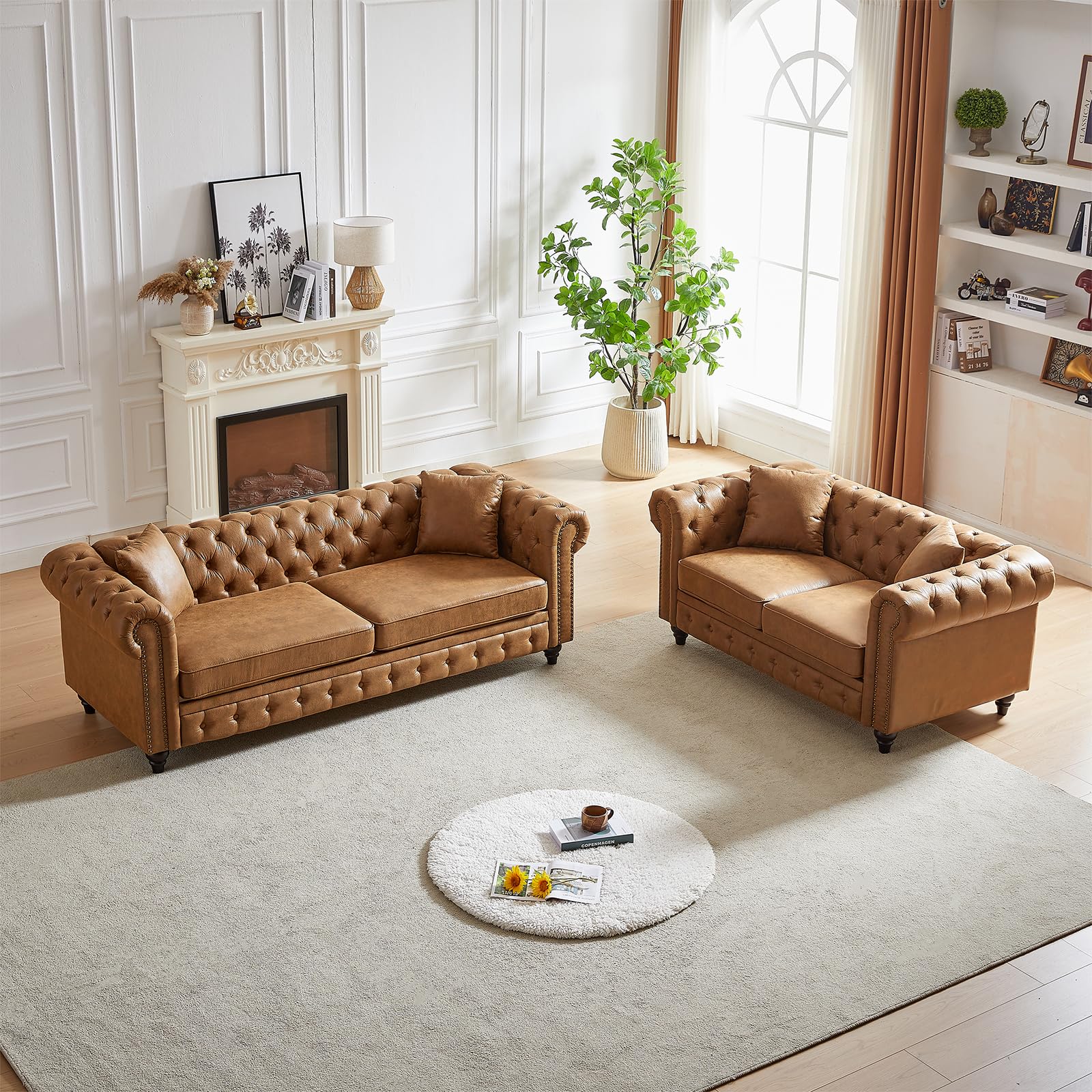 Modern Chesterfield Sofa Set for Living Room, 2 Piece Faux Leather Furniture Sets 3 Seater Couch&Loveseat Sofa with Rolled Arms and Tufted Button, Office, Brown