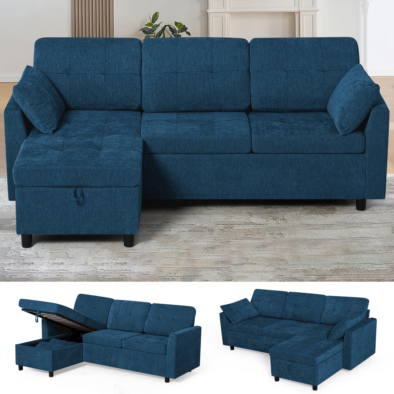 Lesofair 84" Chenille Sectional Sofa w/Tufted Cushions, L-Shaped Convertible Sofa w/Reversible Storage Chaise, Modern Couch w/Two Soft Pillows for Living Room, House, Blue