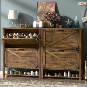 Shoe Storage Cabinet with 2 Flip Drawers, Farmhouse Shoe Cabinet for Entryway, Wood Narrow Shoe Rack Cabinet with Open Storage Rack, Shoe Organizer Cabinet with Metal Handles, Rustic Brown