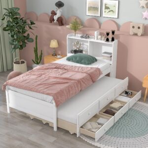 twin size trundle bed with storage drawers and bookcase headboard, kids twin bed with trundle,captains bed twin with trundle,twin trundle bed with storage for teens,adults(twin,white)