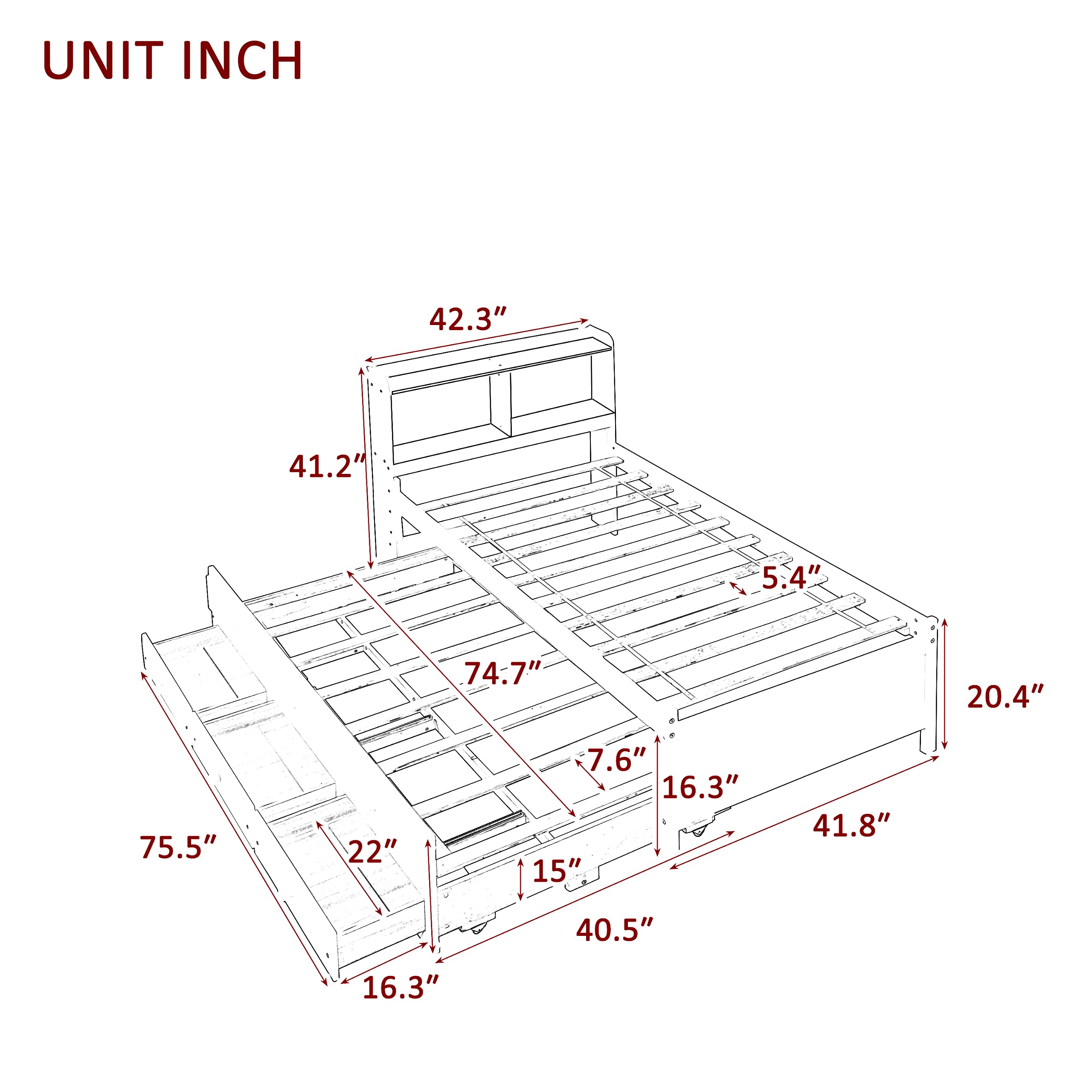 Twin Size Trundle Bed with Storage Drawers and Bookcase Headboard, Kids Twin Bed with Trundle,Captains Bed Twin with Trundle,Twin Trundle Bed with Storage for Teens,Adults(Twin,White)