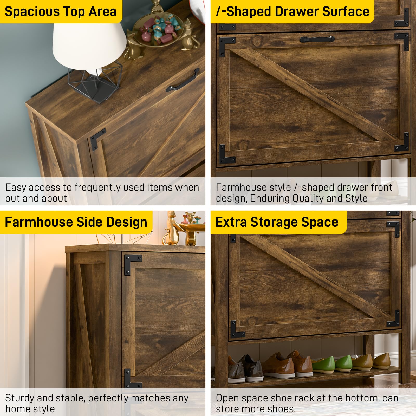 Shoe Storage Cabinet with 2 Flip Drawers, Farmhouse Shoe Cabinet for Entryway, Wood Narrow Shoe Rack Cabinet with Open Storage Rack, Shoe Organizer Cabinet with Metal Handles, Rustic Brown