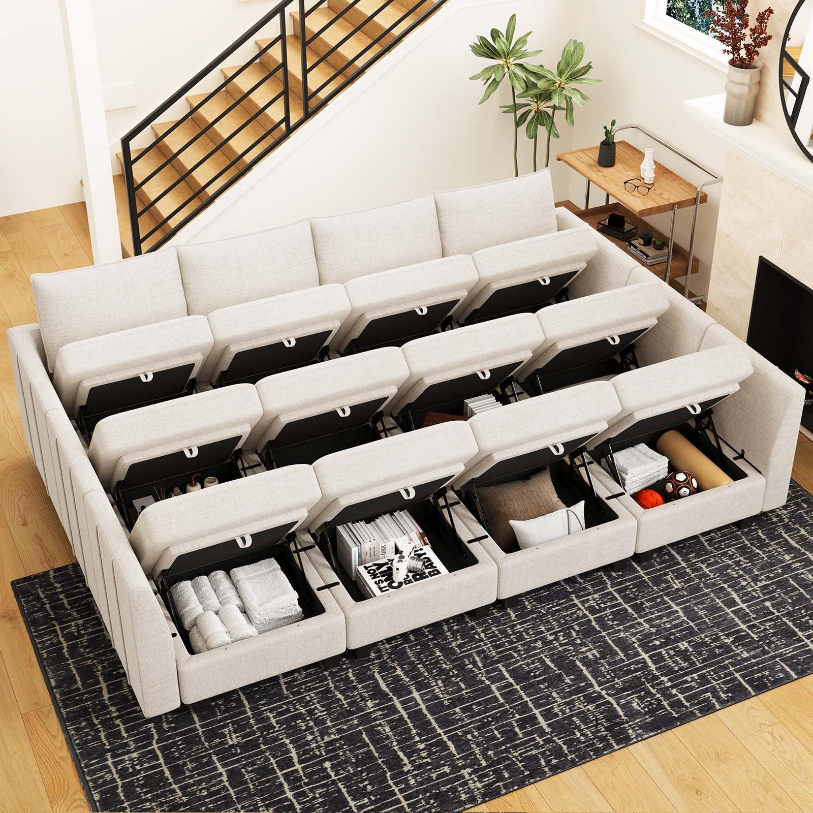 Uteeran Oversized Modular Sectional Sofa Chenille Sleeper Couch with Storage Sectional Sofa Bed for Living Room, 12 Seats, Beige