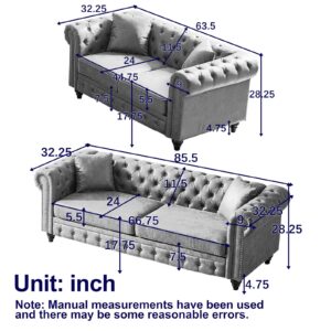 Modern Chesterfield Sofa Set for Living Room, 2 Piece Faux Leather Furniture Sets 3 Seater Couch&Loveseat Sofa with Rolled Arms and Tufted Button, Office, Brown